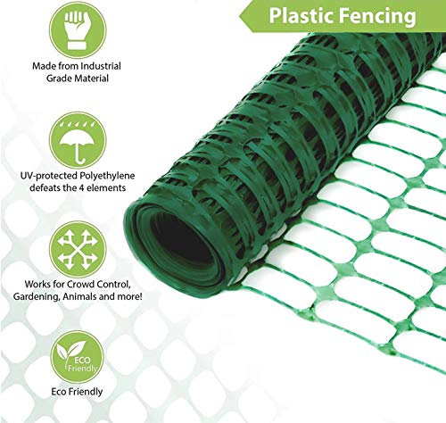 Safety Fence + 25 Steel Plant Stakes, Extra Strength Mesh Snow Fencing, Temporary Green Plastic Garden Netting 4x100 Feet Fence & 25, 4 Foot Stakes, Above Ground Barrier for Construction Dogs Plants