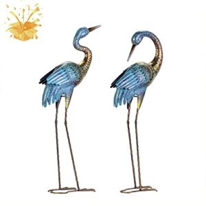 natelf garden crane statues outdoor, standing blue heron decoy sculptures, metal bird yard art for lawn patio backyard decoration(set of 2)