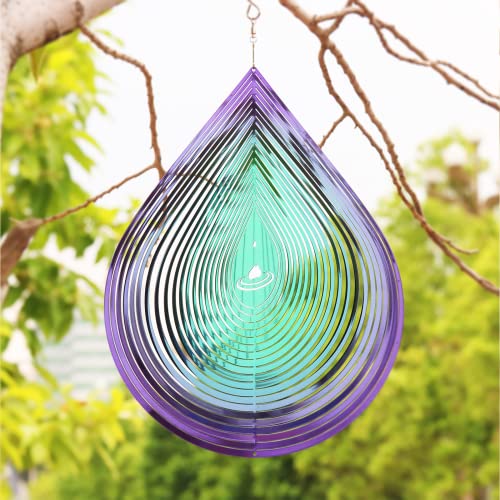 Kexsscai Wind Spinner Garden Indoor Outdoor Decor 3D Stainless Steel Metal Hanging Decorations, 3D Water Droplets Pattern Metal Wind Sculptures & Spinners Whirligig Gifts with 12inch(Green&Purple)