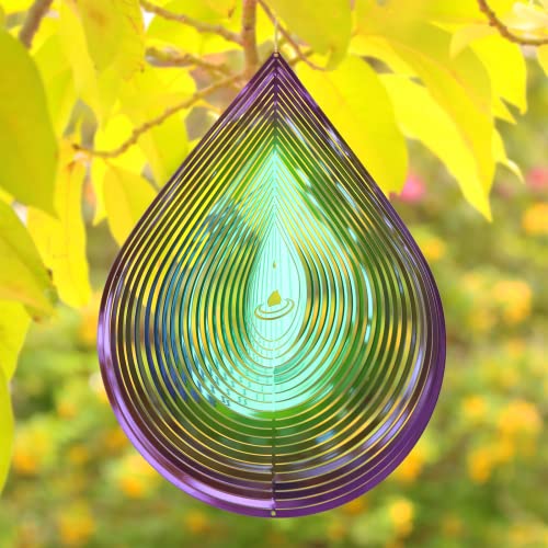 Kexsscai Wind Spinner Garden Indoor Outdoor Decor 3D Stainless Steel Metal Hanging Decorations, 3D Water Droplets Pattern Metal Wind Sculptures & Spinners Whirligig Gifts with 12inch(Green&Purple)