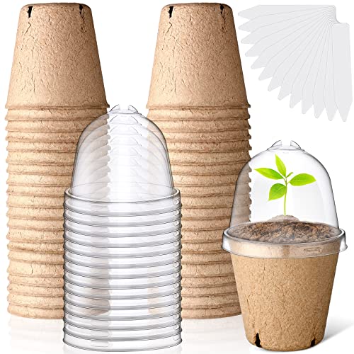 50 Pcs 3.2 Inch Round Peat Pots Degradable Nursery Seed Starter Kit Garden Germination Tray 50 Pcs Humidity Dome 50 Pcs Plant Labels for Planting Flower Vegetable Herb Succulent Seedlings