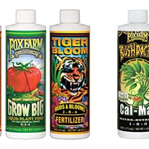 Fox Farm Plant Fertilizer Soil Bundle: Big Bloom, Grow Big, Tiger Bloom, Cal-Mag (Pack of 4-16 oz Bottles) + Twin Canaries Chart