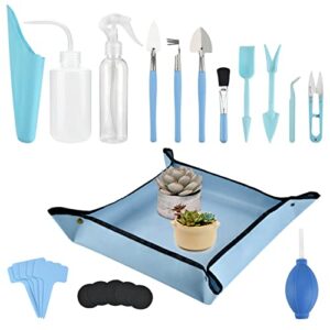 excvalues 23 pcs succulent tools, mini garden tools0001 set, miniature succulent hand tools with plant potting tarp mat, transplanting tool kit for indoor outdoor mini fairy garden plant care (blue)