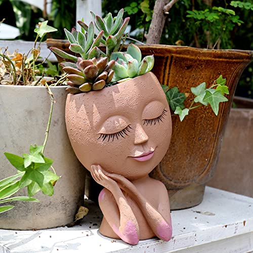 UMESONG Smiley Face Flower Pot Head Planter for Indoor Outdoor Planter Resin Head Planter Pot with Drainage Hole Two Hand Hold Cute Face Succulent Pots with Closed Eyes for Garden Planter (Dark)