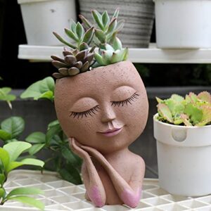 UMESONG Smiley Face Flower Pot Head Planter for Indoor Outdoor Planter Resin Head Planter Pot with Drainage Hole Two Hand Hold Cute Face Succulent Pots with Closed Eyes for Garden Planter (Dark)