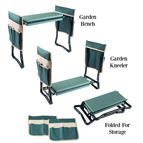 Pure Garden 50-LG5096 Gardening Kneeling Bench-Foldable Foam Pad Stool for Kneelers-2 Tool Pouches & Handles-Comfort & Protection for Planting & Weeding, Green