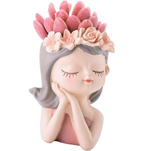 yukawang cute succulent pots fairy succulent plant pot, 4 inch indoor resin unique cactus flower pot with little girl head face planter container for home office desk garden (d)