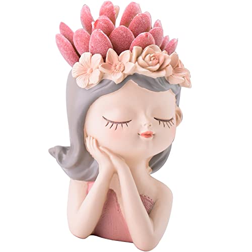 Yukawang Cute Succulent Pots Fairy Succulent Plant Pot, 4 Inch Indoor Resin Unique Cactus Flower Pot with Little Girl Head Face Planter Container for Home Office Desk Garden (D)