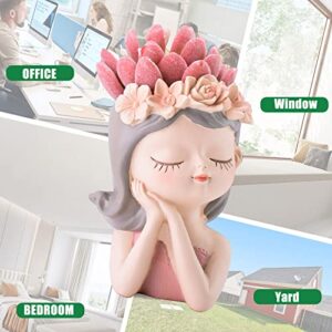 Yukawang Cute Succulent Pots Fairy Succulent Plant Pot, 4 Inch Indoor Resin Unique Cactus Flower Pot with Little Girl Head Face Planter Container for Home Office Desk Garden (D)