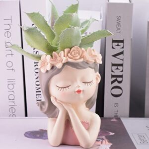 Yukawang Cute Succulent Pots Fairy Succulent Plant Pot, 4 Inch Indoor Resin Unique Cactus Flower Pot with Little Girl Head Face Planter Container for Home Office Desk Garden (D)