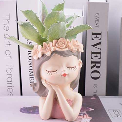 Yukawang Cute Succulent Pots Fairy Succulent Plant Pot, 4 Inch Indoor Resin Unique Cactus Flower Pot with Little Girl Head Face Planter Container for Home Office Desk Garden (D)