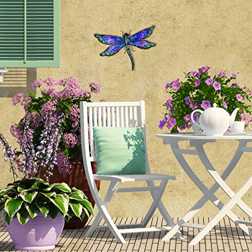 HONGLAND Metal Dragonfly Decor, Dragonfly Outdoor Wall Decor, Metal Wall Art, Dragonfly Ornaments Wall Sculptures Gifts Hanging Decorations for Garden Yard Home-Blue 14 Inch