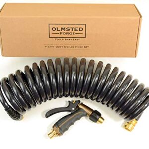 Olmsted Forge Hose Kit, 2 pcs: 1/2" ID x 25' HP Quality Coiled Hose (Charcoal Gray) with 2 Flex Reliefs & Metal Body Nozzle