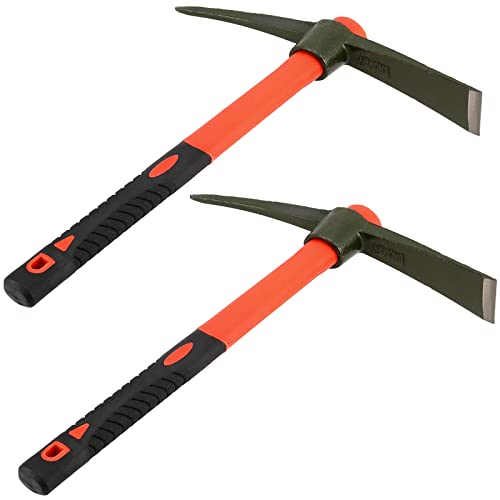 MUKCHAP 2 PCS 15 Inch Pick Mattock Hoe, Weeding Mattock Hoe with Red Fiberglass Handle, Garden Mattock Pick Axe for Loosening Soil, Cultivating and Prospecting, Forged Steel Head