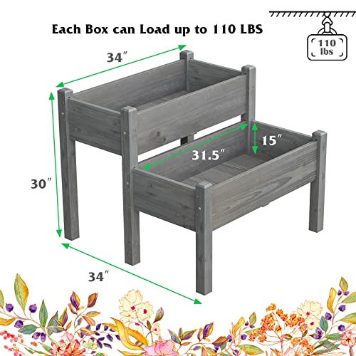 Giantex Set of 2 Raised Garden Bed, Elevated Wood Planter Box, Raised Bed Kit for Flowers Vegetables Fruits Herbs Outdoor Planting Container Patio, Balcony, Yard (Gray)