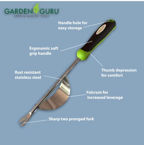 Garden Guru Dandelion Weeder Tool with Ergonomic Handle & Fulcrum - Stainless Steel Weed Puller for Planting, Weeding, Flower and Vegetable Care in Lawn Garden Yard | Rust Resistant