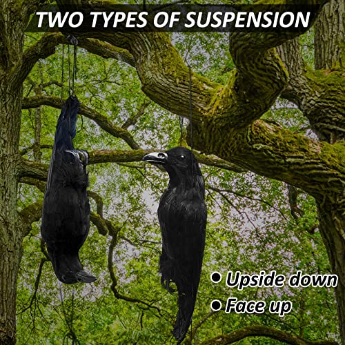 Lewtemi 2 Pcs 17 Inches Realistic Hanging Dead Crows Decoy Lifesize Black Feathered Crow Fake Black Crows for Garden Halloween Decorations