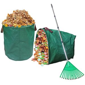 luseiya upgrade adjustable leaf rake – garden dustpan-type bag 53 gallons and standable yard waste bag 72 gallons for collecting leaves, professional reusable lawn leaf waste bags（green）