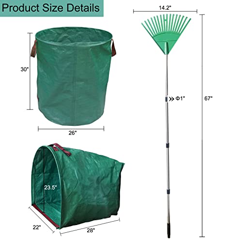 luseiya Upgrade Adjustable Leaf Rake - Garden Dustpan-Type Bag 53 Gallons and Standable Yard Waste Bag 72 Gallons for Collecting Leaves, Professional Reusable Lawn Leaf Waste Bags（Green）