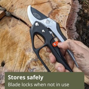 Heavy Duty Ratchet Pruner with Carbide Sharpener and Oil Sponge. These anvil style pruning shears double your cutting strength. Great for seniors or anyone with thick branches to cut. By Truly Garden