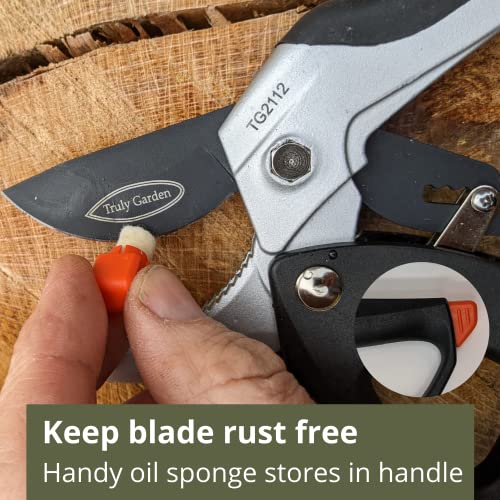 Heavy Duty Ratchet Pruner with Carbide Sharpener and Oil Sponge. These anvil style pruning shears double your cutting strength. Great for seniors or anyone with thick branches to cut. By Truly Garden