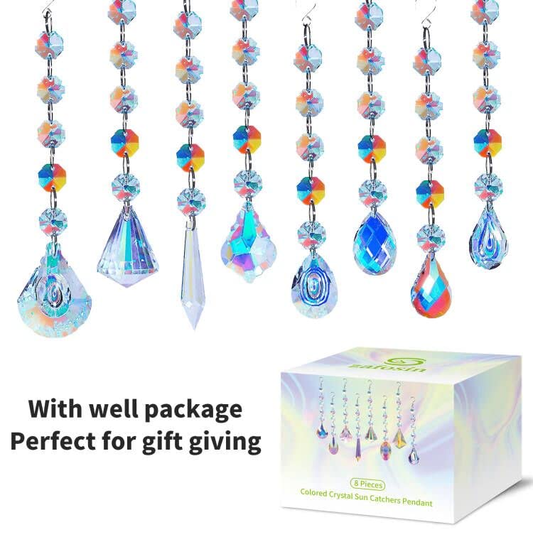 Sun Catchers with Crystals, 8 Pcs Hanging Crystals Suncatchers for Windows, Sun Catchers Indoor Window Prism Suncatcher Chandelier Ornament Home Garden Christmas Decoration