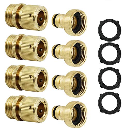 Twinkle Star 3/4 Inches Brass Garden Hose Connector Easy Connect Fitting Male and Female Set (4 Sets of Male & Female Connector)