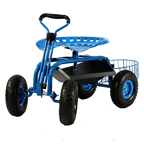 Sunnydaze Garden Cart Rolling Scooter - Features Extendable Steer Handle, Swivel Seat and Utility Tool Tray - Blue