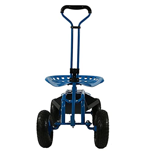 Sunnydaze Garden Cart Rolling Scooter - Features Extendable Steer Handle, Swivel Seat and Utility Tool Tray - Blue