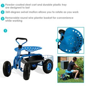 Sunnydaze Garden Cart Rolling Scooter - Features Extendable Steer Handle, Swivel Seat and Utility Tool Tray - Blue