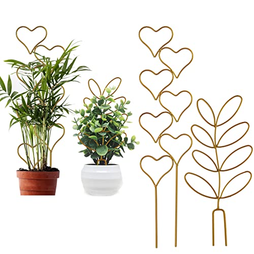 2Pcs Indoor Pot Plant Climbing Garden Trellis Gold Anti-Rust Metal Love Heart and Leaf Shaped Vines Climbing Support Bracket is a Creative Tool Gift for Gardening Lovers