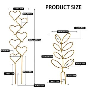 2Pcs Indoor Pot Plant Climbing Garden Trellis Gold Anti-Rust Metal Love Heart and Leaf Shaped Vines Climbing Support Bracket is a Creative Tool Gift for Gardening Lovers