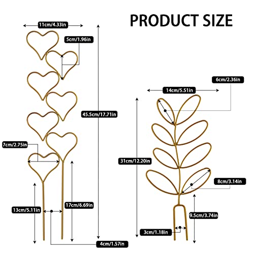 2Pcs Indoor Pot Plant Climbing Garden Trellis Gold Anti-Rust Metal Love Heart and Leaf Shaped Vines Climbing Support Bracket is a Creative Tool Gift for Gardening Lovers