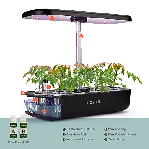 Luxbird Hydroponics Growing System, Indoor Herb Garden Starter Kit with LED Grow Light, Automatic Timer Smart Germination Kit for Kitchen Home Gardening, Height Adjustable (12 Pods)