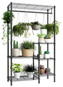 xiofio plant stands for indoor plantsd outdoor plant shelf, 6 tier 16 pots flower pots holder storage shelf flower stands with hanger rod for living room balcony and garden,black