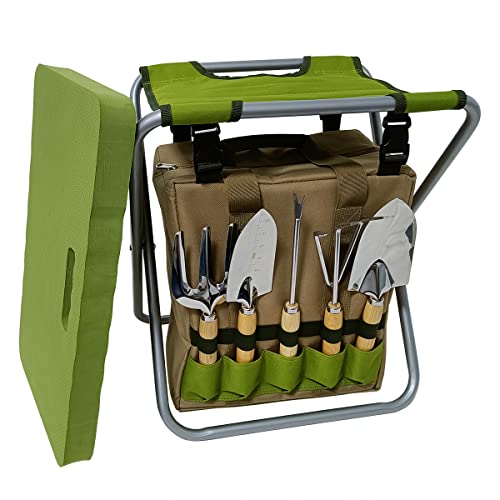 XINLONGXUAN Garden Folding Stool with Extra Thick EVA Kneeler Gardening Tools Insulated Bag with 5pcs Garden Tools Set.