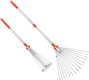 karveden adjustable leaf rake garden- expandable metal rakes for lawns yard roof , outdoor portable gardening tools 8 to 63 inch telescopic rake easy to clean weed, flowers,leaves (orange)