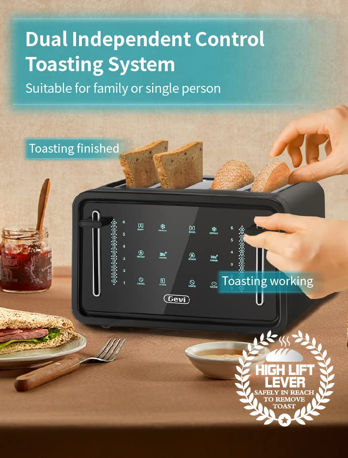 Gevi Toaster 4 Slice,Led Display Touchscreen Bagel Toaster with Dual Control Panels of Bagel/Reheat/Defrost/Cancel/Toasting One Slice/Longer Function,6 Shade Setting