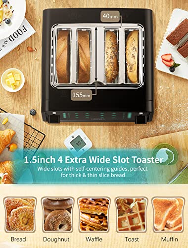 Gevi Toaster 4 Slice,Led Display Touchscreen Bagel Toaster with Dual Control Panels of Bagel/Reheat/Defrost/Cancel/Toasting One Slice/Longer Function,6 Shade Setting