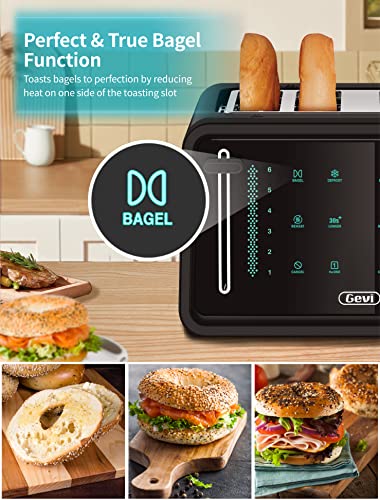 Gevi Toaster 4 Slice,Led Display Touchscreen Bagel Toaster with Dual Control Panels of Bagel/Reheat/Defrost/Cancel/Toasting One Slice/Longer Function,6 Shade Setting