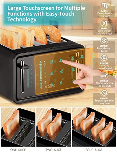 Gevi Toaster 4 Slice,Led Display Touchscreen Bagel Toaster with Dual Control Panels of Bagel/Reheat/Defrost/Cancel/Toasting One Slice/Longer Function,6 Shade Setting