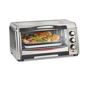 hamilton beach air fryer countertop toaster oven with large capacity, fits 6 slices or 12” pizza, 4 cooking functions for convection, bake, broil, easy access, sure-crisp, stainless steel (31323)