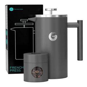 coffee gator french press coffee maker – thermal insulated brewer plus travel jar – large capacity, double wall stainless steel – 34oz – gray