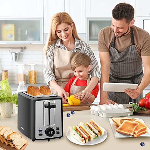 SEEDEEM Toaster 2 Slice, Bread Toaster with LCD Display, 7 Shade Settings, 1.４'' Variable Extra Wide Slots Toaster with Cancel, Bagel, Defrost, Reheat Functions, Removable Crumb Tray, 900W, Carbon Black