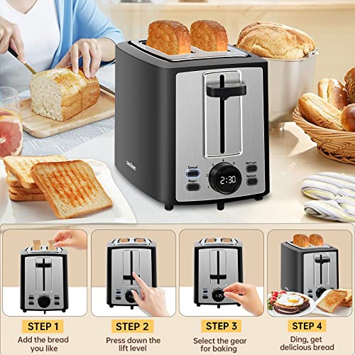 SEEDEEM Toaster 2 Slice, Bread Toaster with LCD Display, 7 Shade Settings, 1.４'' Variable Extra Wide Slots Toaster with Cancel, Bagel, Defrost, Reheat Functions, Removable Crumb Tray, 900W, Carbon Black