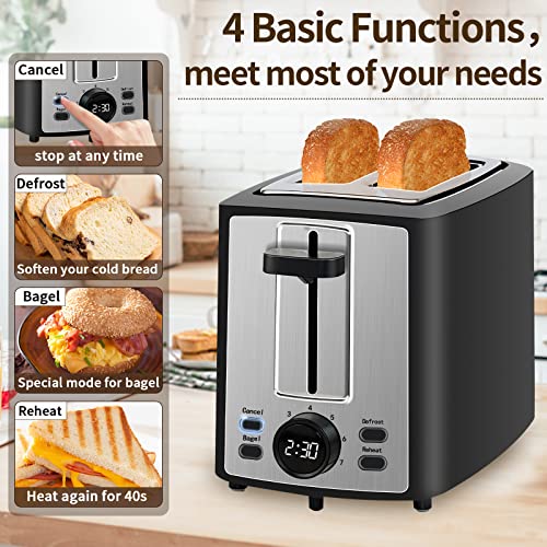 SEEDEEM Toaster 2 Slice, Bread Toaster with LCD Display, 7 Shade Settings, 1.４'' Variable Extra Wide Slots Toaster with Cancel, Bagel, Defrost, Reheat Functions, Removable Crumb Tray, 900W, Carbon Black