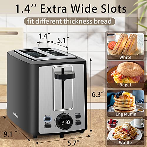 SEEDEEM Toaster 2 Slice, Bread Toaster with LCD Display, 7 Shade Settings, 1.４'' Variable Extra Wide Slots Toaster with Cancel, Bagel, Defrost, Reheat Functions, Removable Crumb Tray, 900W, Carbon Black