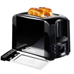 ketian toaster 2 slice small compact electric bread black tosterster，6 toast settings, cancel, reheat, defrost functions, removable crumb tray, 800w(black）