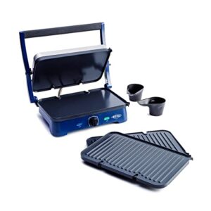 blue diamond ceramic nonstick, electric contact sizzle griddle, open flat design, dishwasher safe removable plates, adjustable temperature control, pfas-free, blue