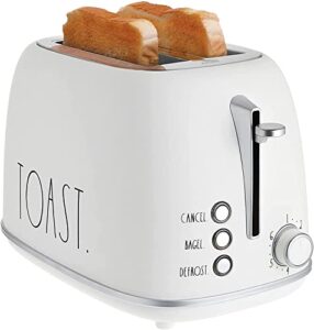 rae dunn retro rounded bread toaster, 2 slice stainless steel toaster with removable crumb tray, wide slot with 6 browning levels, bagel, defrost and cancel options (cream)